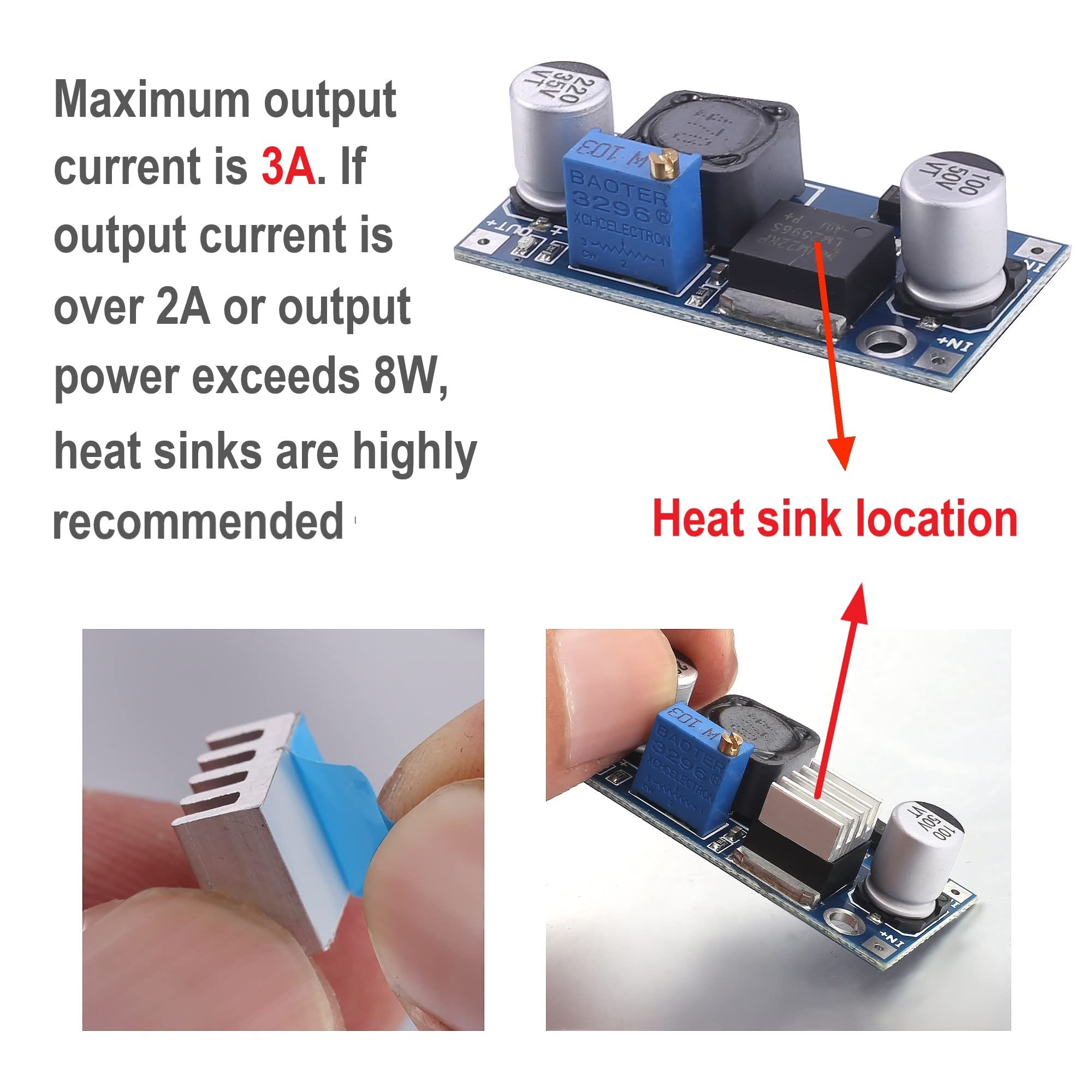 PlusRoc 10 Pack LM2596 DC to DC Buck Converter High Efficiency Voltage Regulator Adjustable Input 3.2V-36V Output 1.25V-35V Step Down Module DIY Power Supply (10 Heat Sinks Included)