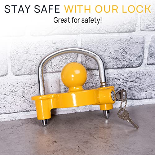 VaygWay Trailer Coupler Lock - Premium Quality Yellow Universal Anti-Theft Adjustable Storage Security Heavy-Duty Steel Trailer Ball Lock, Security Towing Lock Trailer, Boat -Fits 1-7/8",2β, 2-5/16"