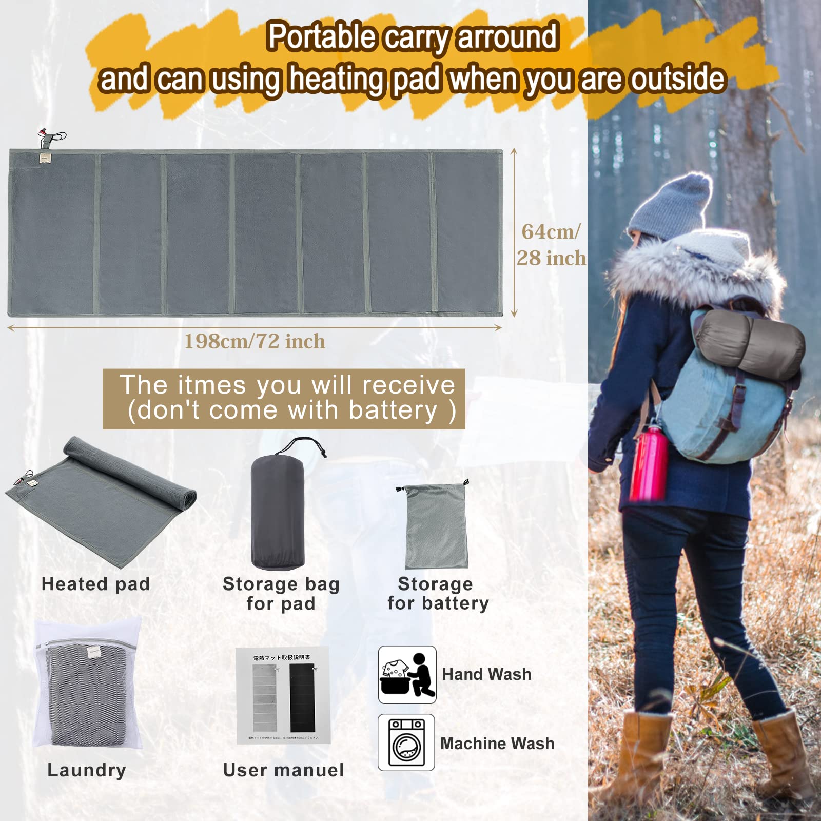 PANGTIKU Heated Sleeping Bag Liner - Battery Operated Heated Blanket for Camping Electric Warm Tent Heater for Cold Weather