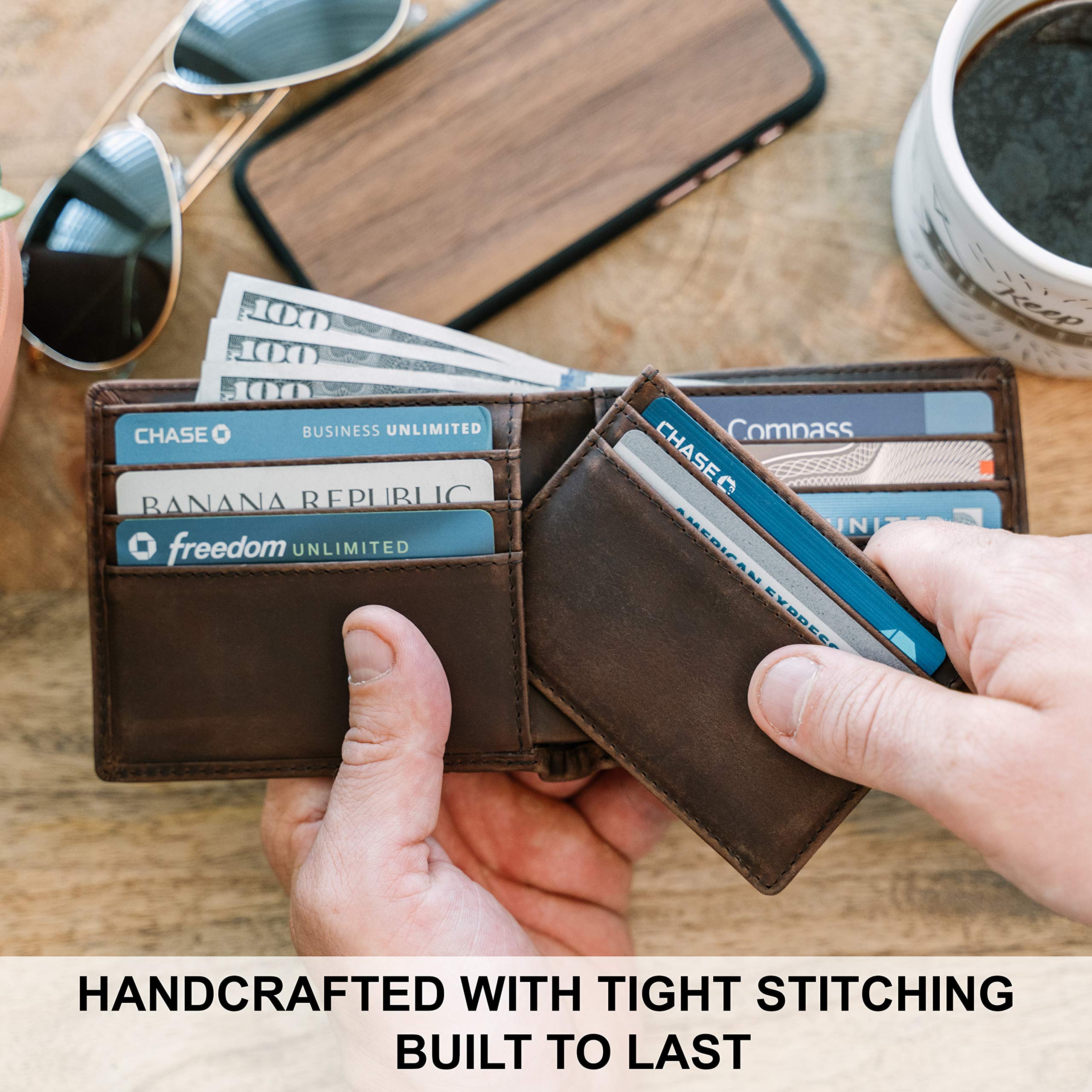 Leather Men's RFID Bifold Wallet with Removable Slim Front Pocket Card Holder, Brown