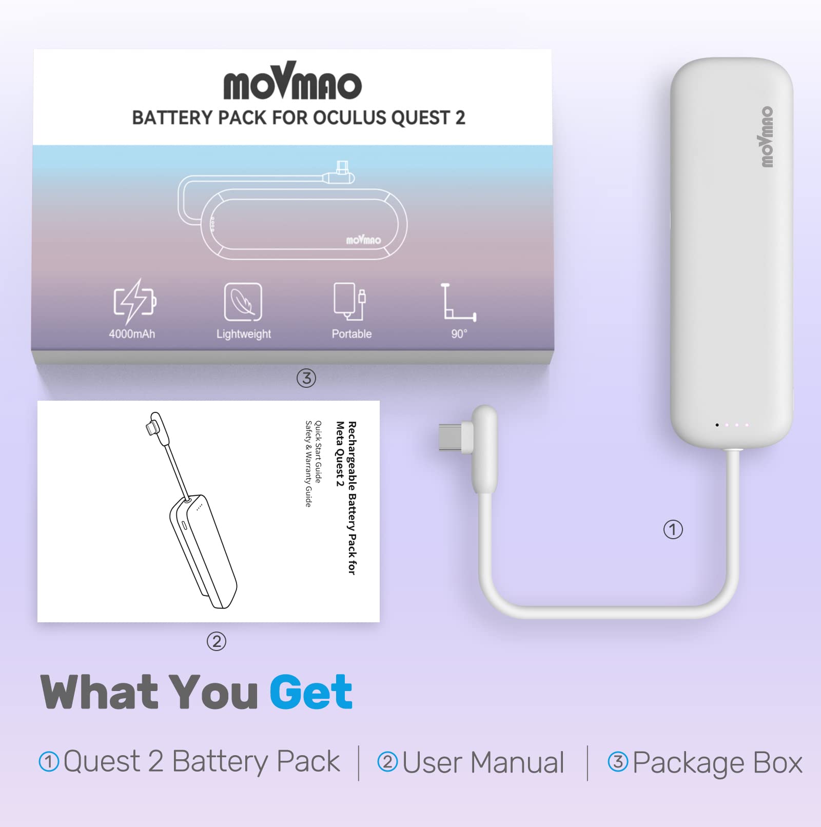MOVMAO Battery Pack for Oculus Quest 2, 4000 mAh Extended Power Accessories for Meta Quest 2 Original Head Strap & Elite Strap, Lightweight Rechargeable Power for VR Quest 2 Headset