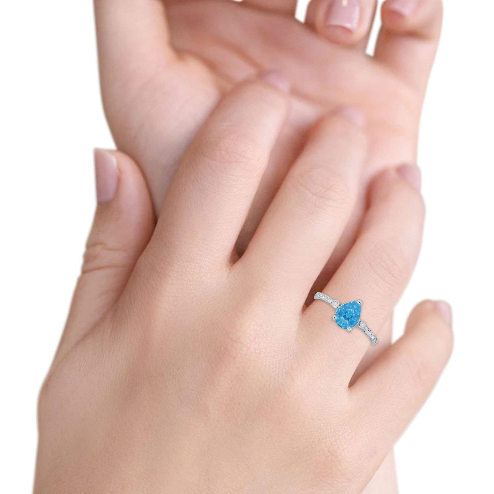 Lab Created Blue Opal Size-4 Art Deco Vintage Style Pear Teardrop Wedding Engagement Bridal Ring Round Simulated Cubic Zirconia 925 Sterling Silver