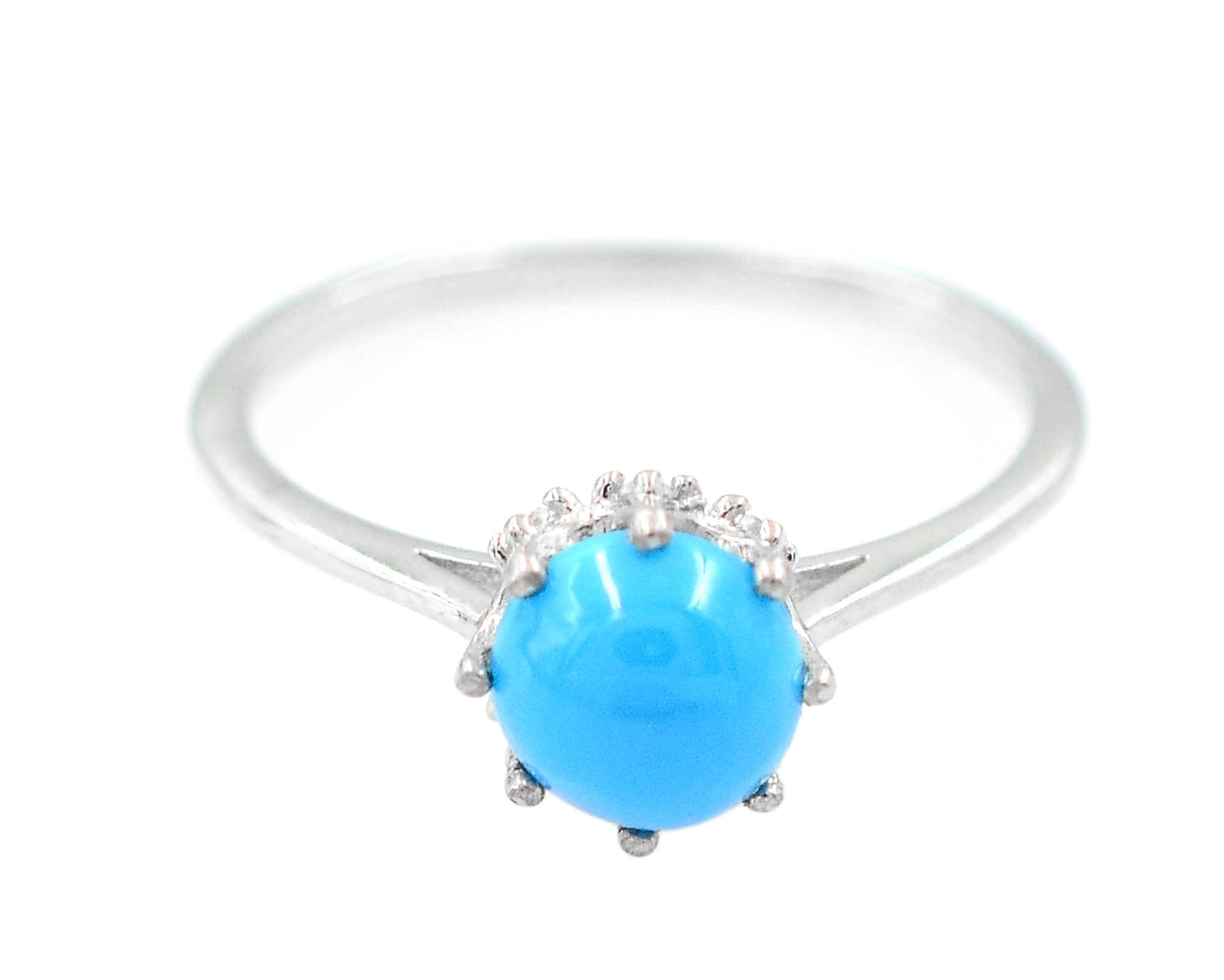 Natural Blue Sleeping Beauty Turquoise Cabochon Gemstone 7 MM Round 925 Sterling Silver December Birthstone Solitaire Unisex Proposal Ring For Engagement Gift (Rhodium Plated Silver, 7.5)