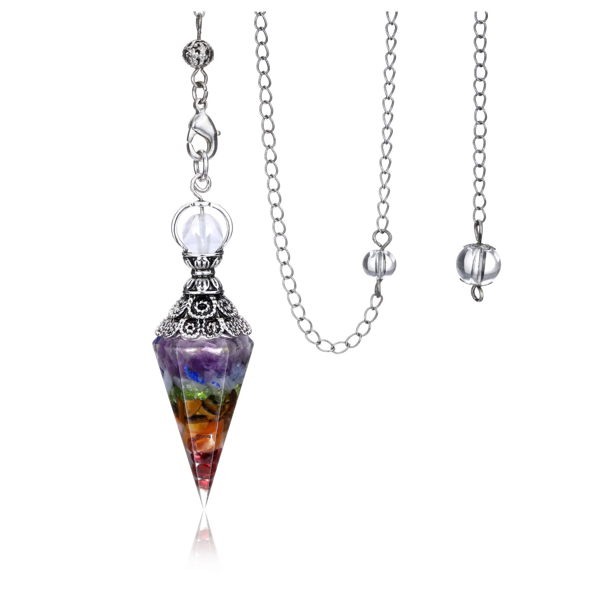 Jovivi 7 Chakra Healing Crystal Pendulums for Dowsing Divination 6 Facet Pointed Healing Wicca Dowsing Balancing Spiritual Resin Gemstone Point Pendant Pendulums
