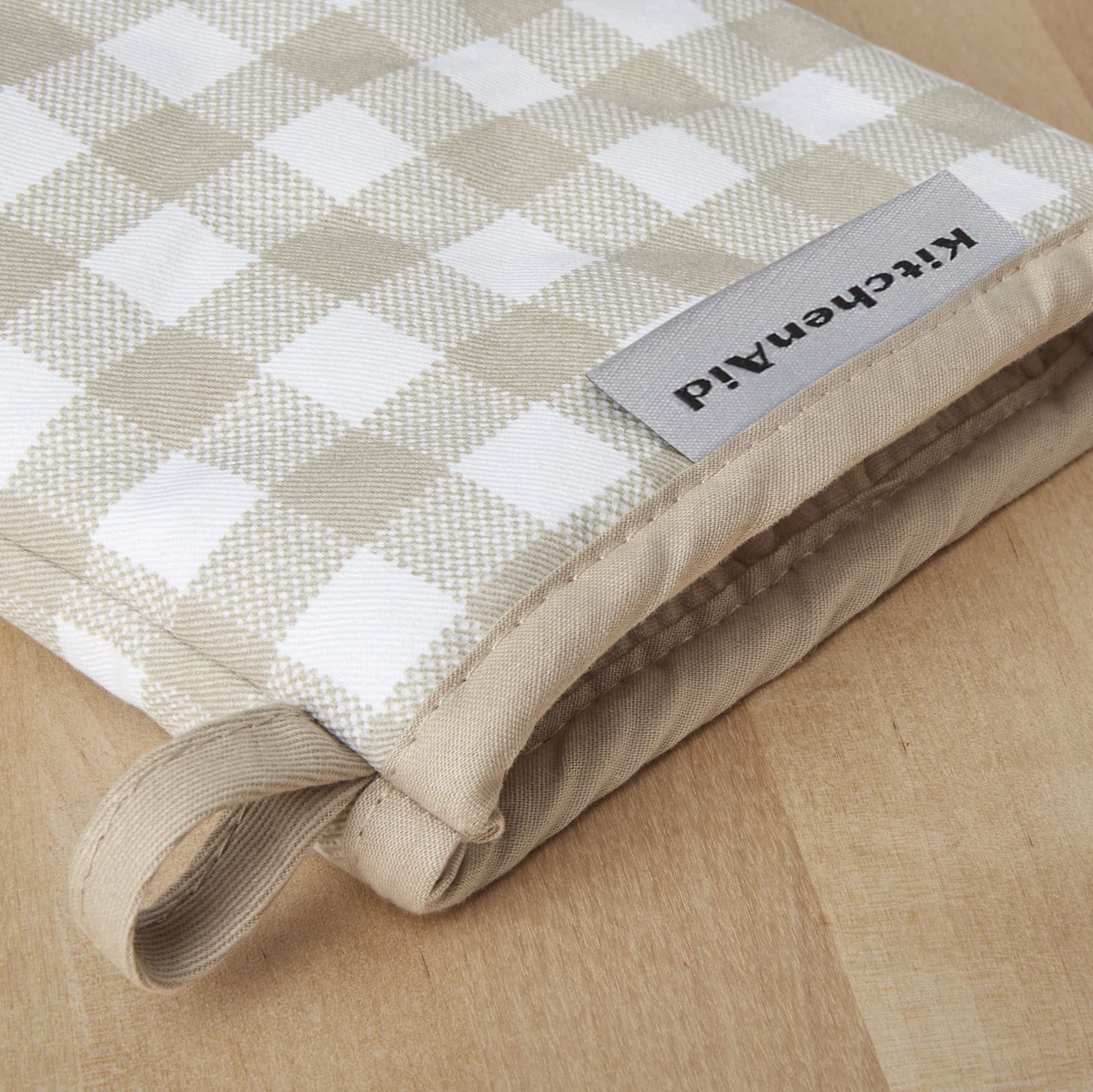 KitchenAid Ribbed Soft Silicone Water Resistant Pot Holder Set, Milkshake (2 Piece Set, 7"x9") and KitchenAid Gingham Mini Oven Mitt 2-Pack Set, Milkshake Tan (5.5"x8")