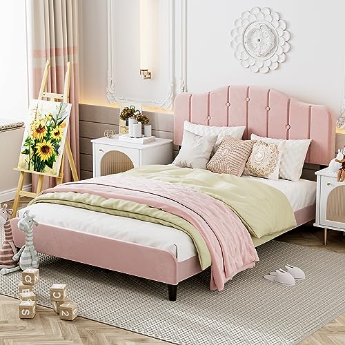 IKIFLY Velvet Upholstered Full Size Bed Frame - Button Tufted Full Platform Bed with Adjustable Headboard, Solid Wood Slats Support, No Box Spring Needed, Easy Assembly - Pink