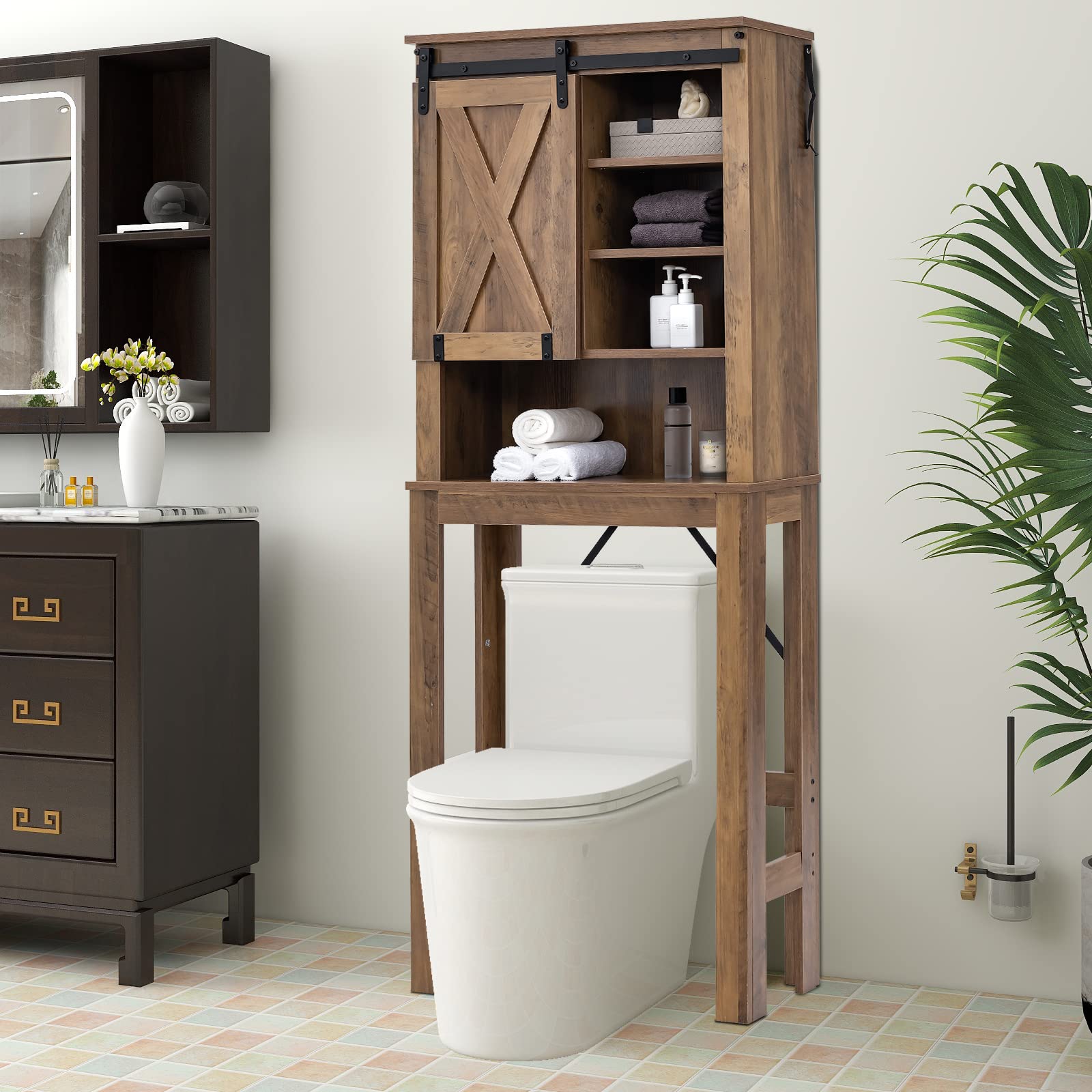 IFANNY Over The Toilet Storage Cabinet, Tall Bathroom Cabinet with Sliding Barn Door & 3-Level Adjustable Shelves, Freestanding 4-Tier Over Toilet Shelf, Farmhouse Bathroom Space Saver, Rustic Brown