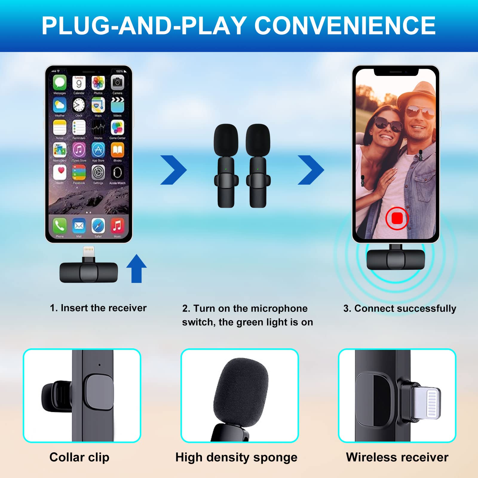 QBOMB Wireless Lapel Microphone for iPhone - Multipurpose Clip-on Microphones 360°Omnidirectional Pickup Mini Microphone Wireless Plug and Play Suitable for Live Show,Interview,Vlog Short Video