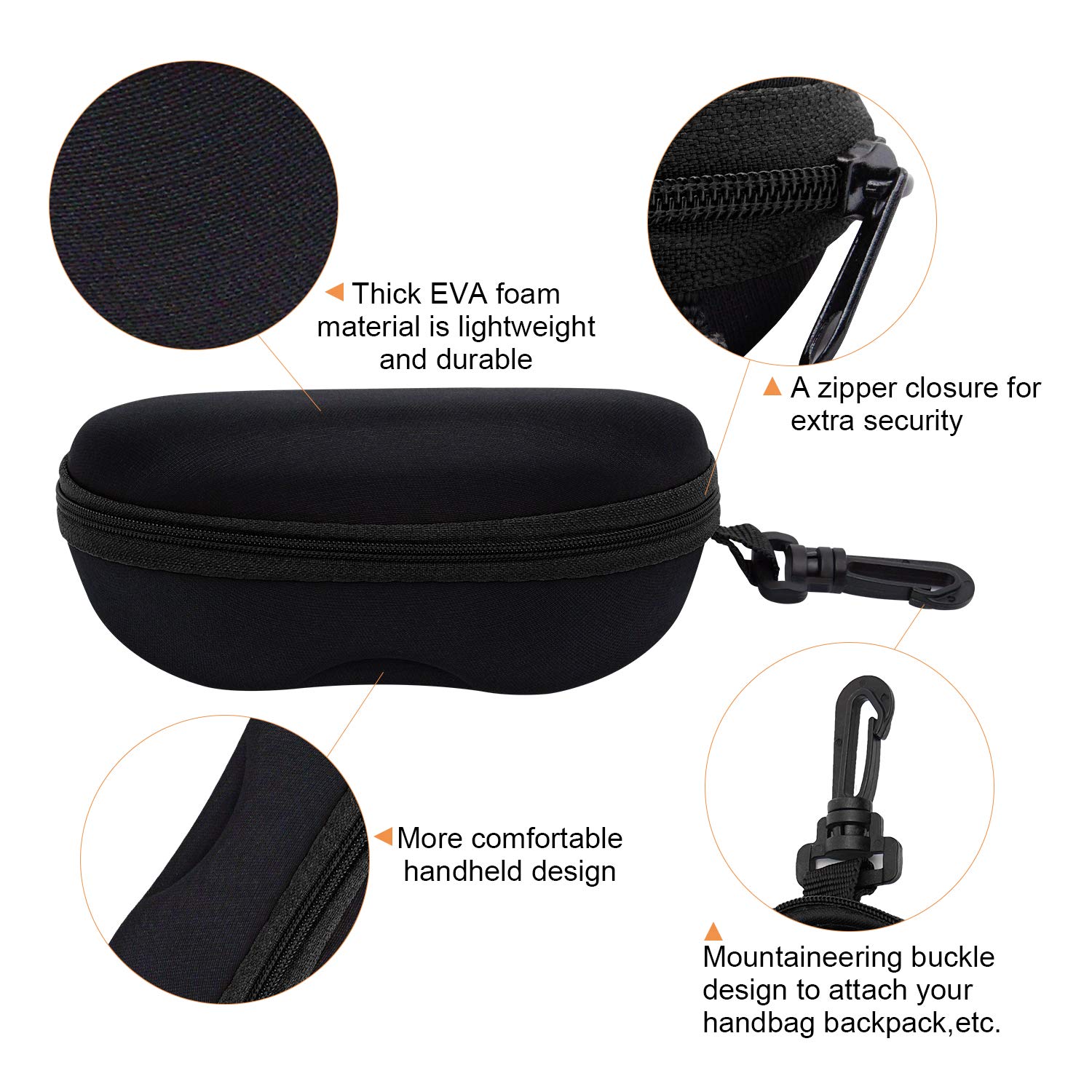 INNOLIFE 3 PCS Large Size Zipper Shell Sunglasses Glasses Case with Plastic Carabiner Hook & 3 PCS Glasses Pouch & 3 PCS Cleaning Cloth(black)