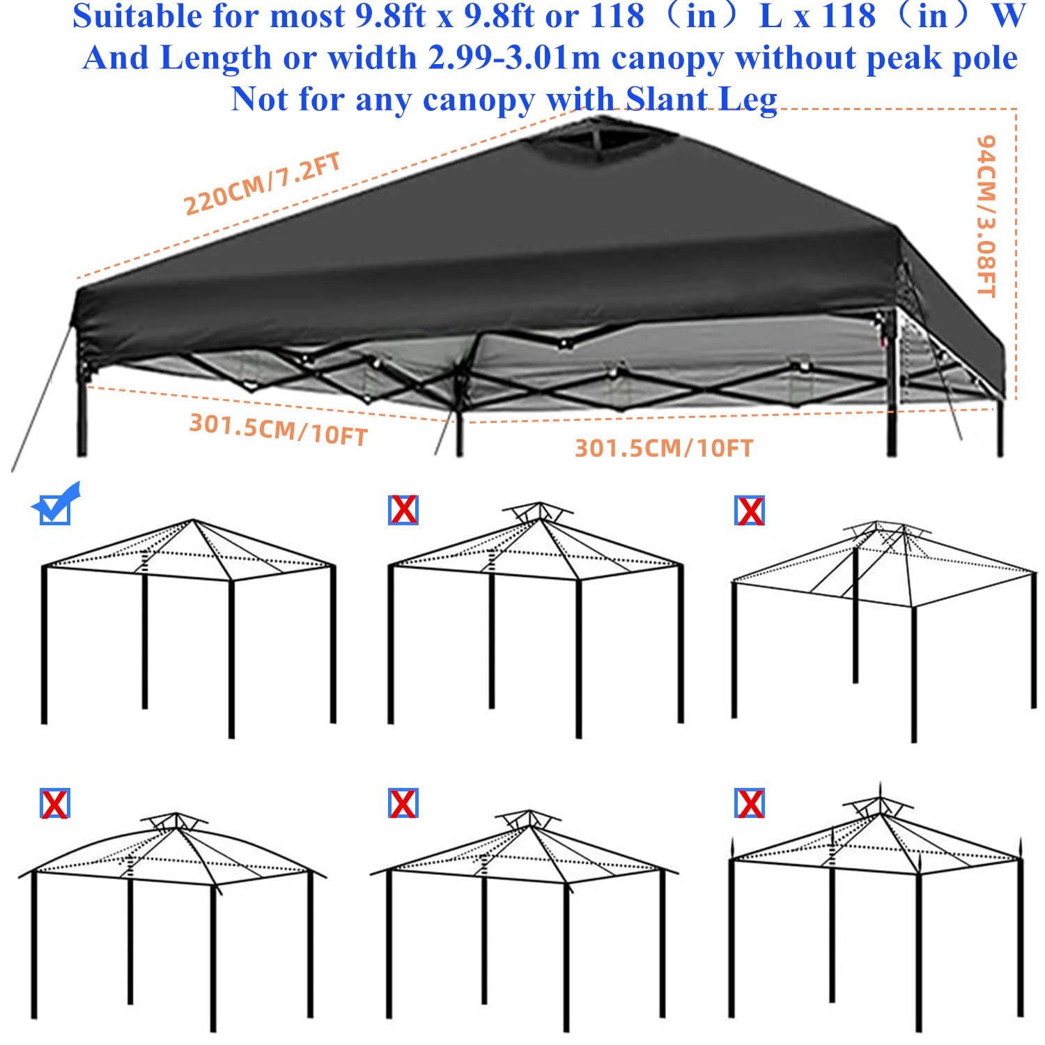 Jorohiker 10x10 Canopy Replacement Top Cover,Pop Up Canopy Tent Top Replacement Cover with Air Vent Ropes, Waterproof Sunshade Silver Coated Oxford Cloth for Outdoor Garden Camping(Top Only,301*301cm)
