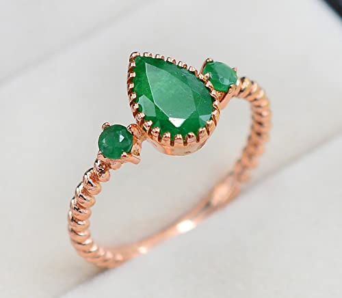 Natural Green Emerald 6X9 MM Pear Cut May Birthstone Gemstone 925 Sterling Silver Three Stone Cluster Unisex Ring For Wedding Gift (Rose Gold Rhodium Plated Silver, 7)