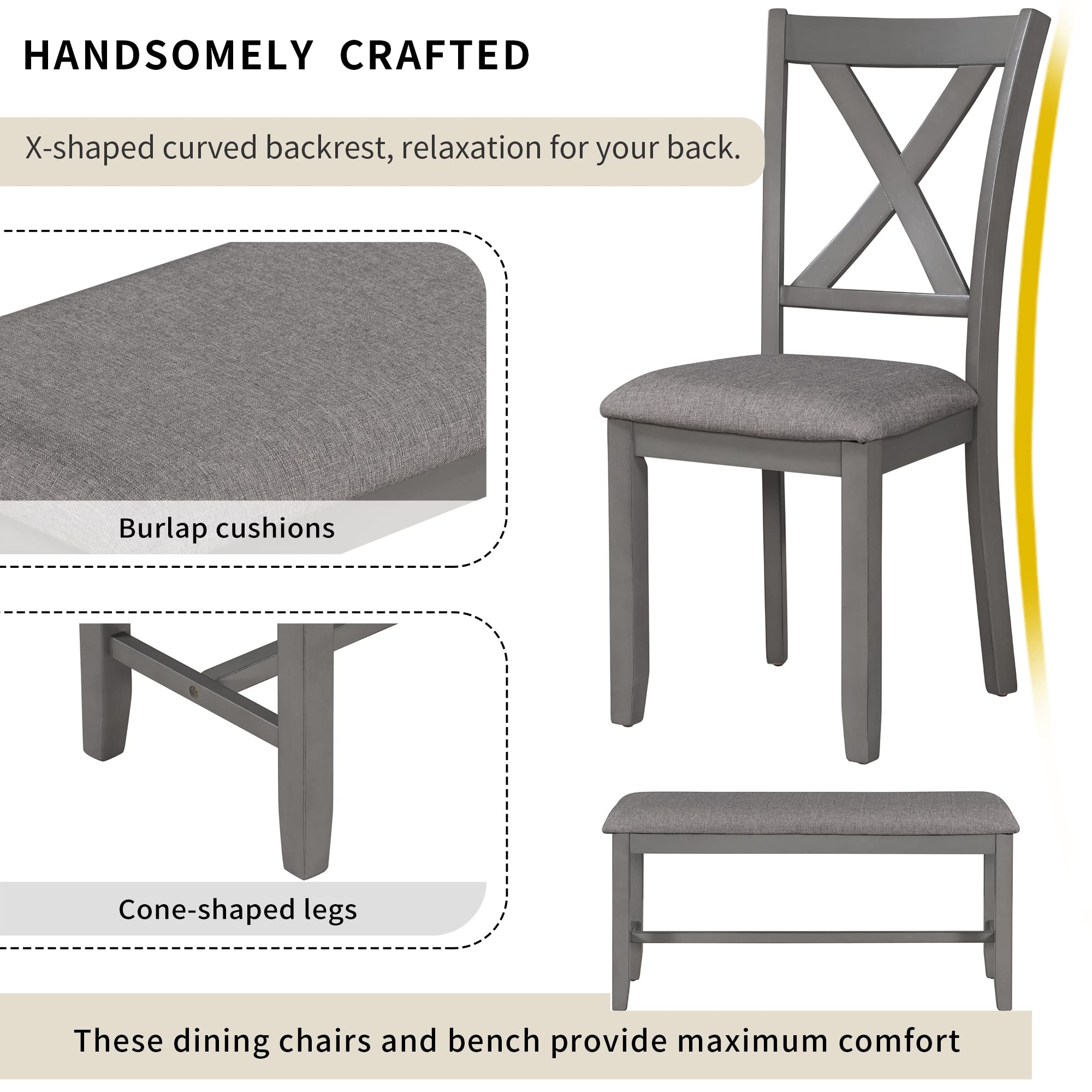 KoiHome 7-Piece Retro Shaped Legs, 6 Upholstered Chairs with Seat Cushion, Wood Kitchen Table Set for Dining Living Room Furniture (Gray+White)