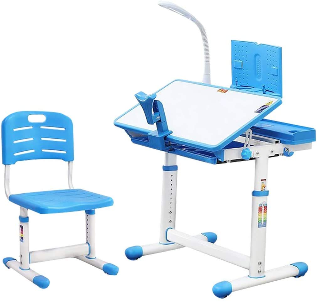 Kids Desk, Children Height Adjustable Study Desk and Chair Set, Children Home Study Table Students Writing Desk with Lamp, Drawer, Bookstand, Pencil Case, Bookstand, Blue