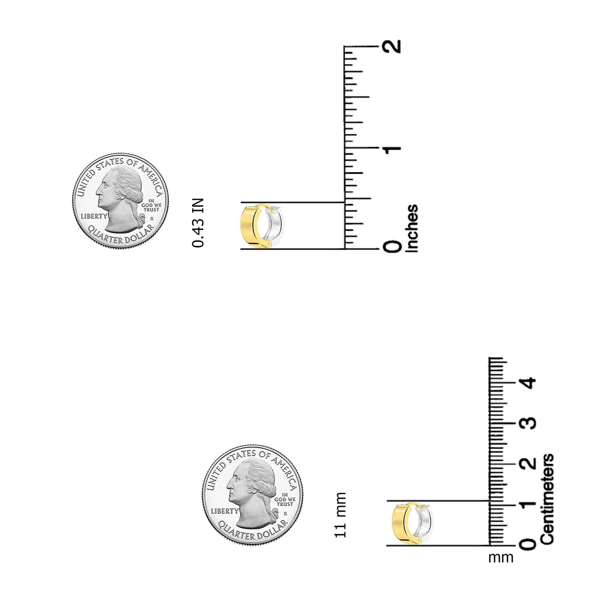 LeCalla Sterling Silver Jewelry SMALL Italian Yellow Gold-Plated Reversible Huggie Hoop Earrings for Women 11MM