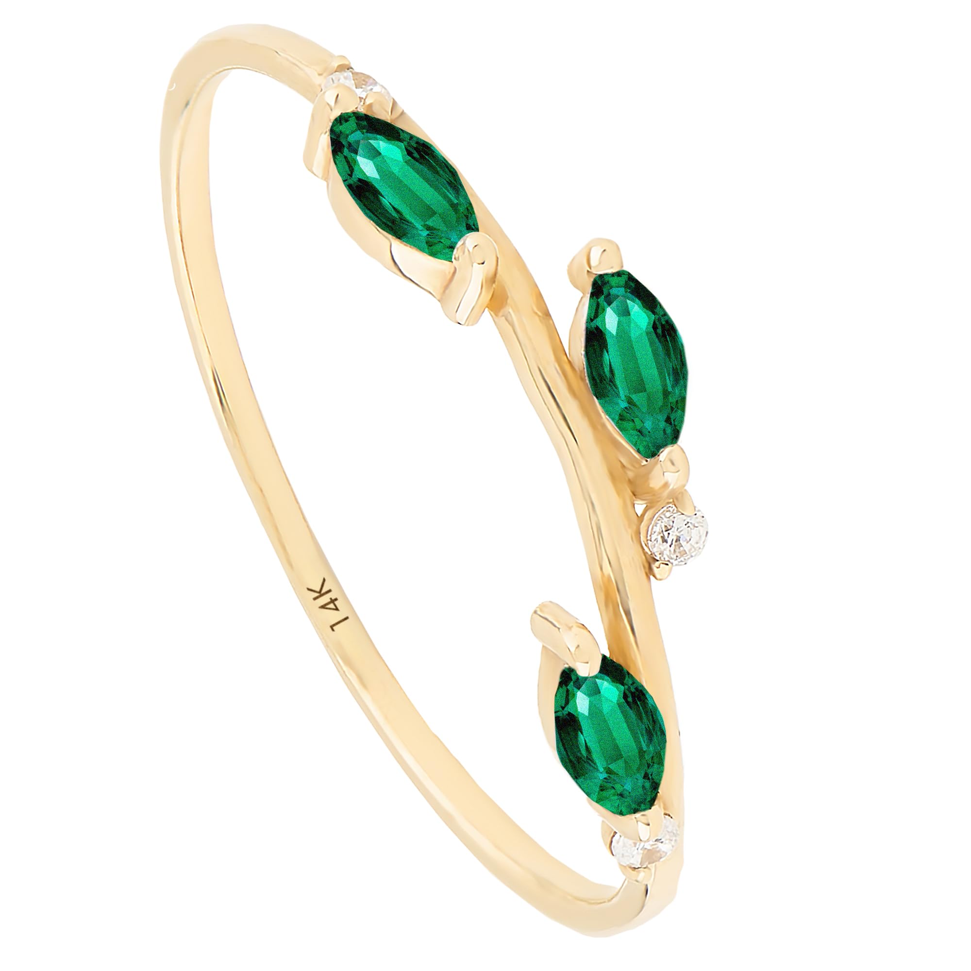Norm Jewels 14k Gold Leaf Wedding Bands for Women Emerald Stackable Rings May Birthstone Stacking Rings Yellow Gold Rings (Yellow Gold, 3.5)