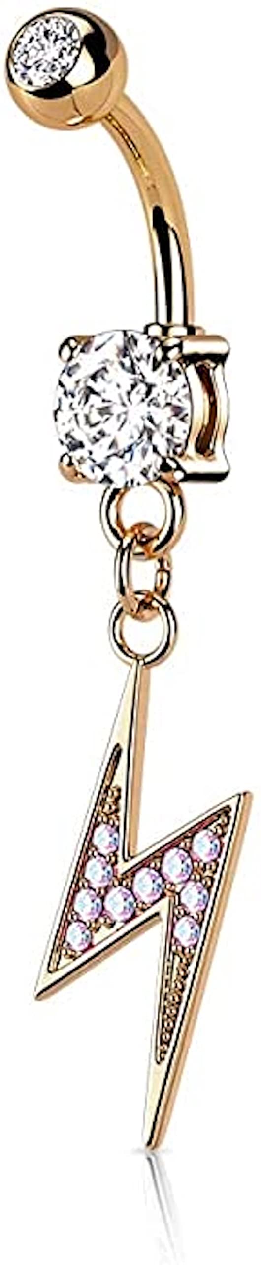 Lightning Bolt Paved with AB CZ Dangle 316L Surgical Steel Jeweled Belly Button Ring (Rose Gold)