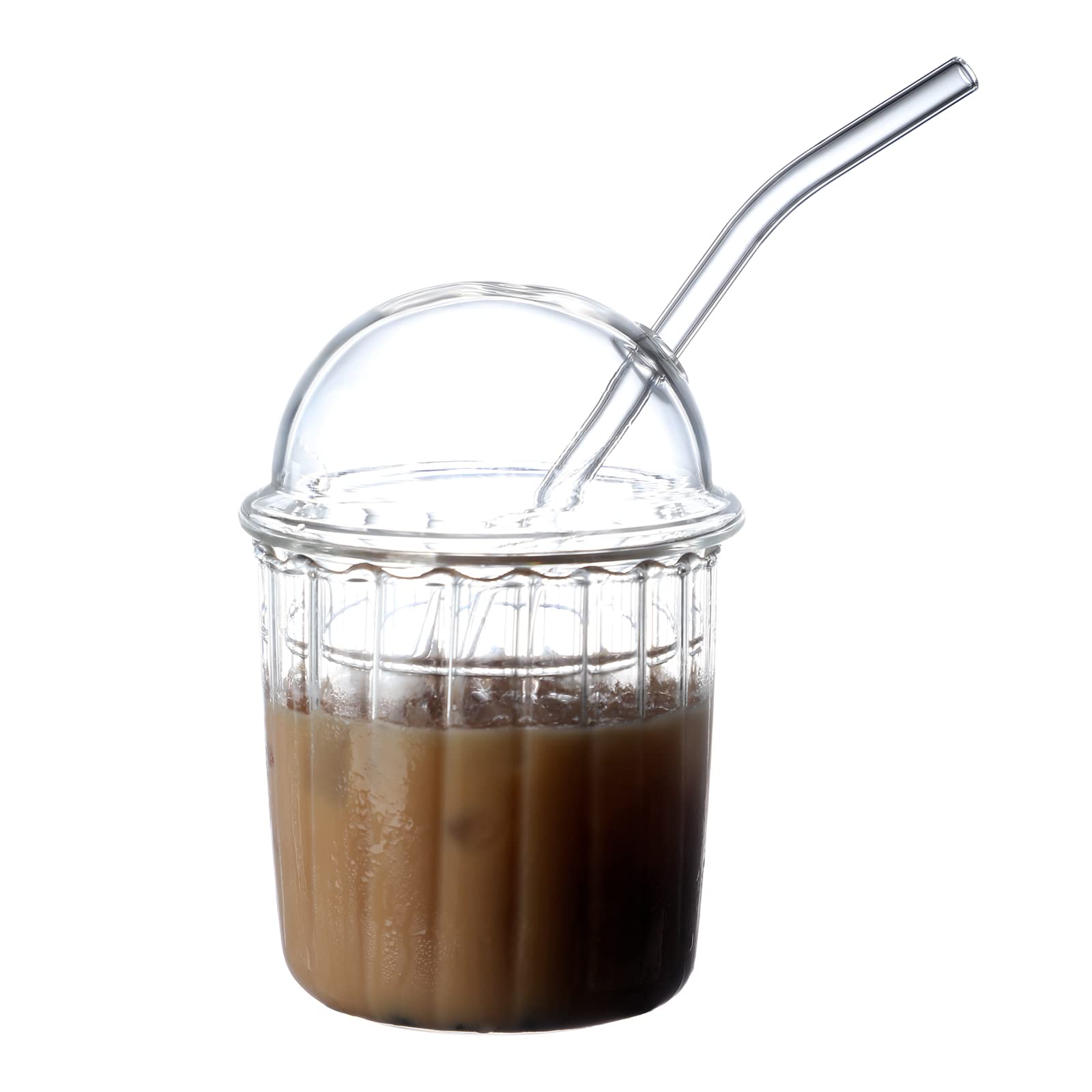 Plcnn Drinking Glasses with Glass Dome Lid and Straw Reusable Wide Mouth Smoothie Cups 15oz Glass Coffee Iced Cup Tumbler Glass Bubble Tea Cup for Coke Soda Home Office Bar
