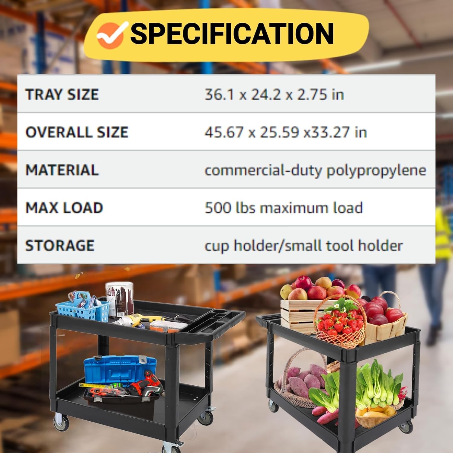 Service Utility Cart 2-Shelf Utility/Service Cart, 500-Pound Capacity, Storage Handle, for Warehouse/Garage/Cleaning/Manufacturing,45"X25"