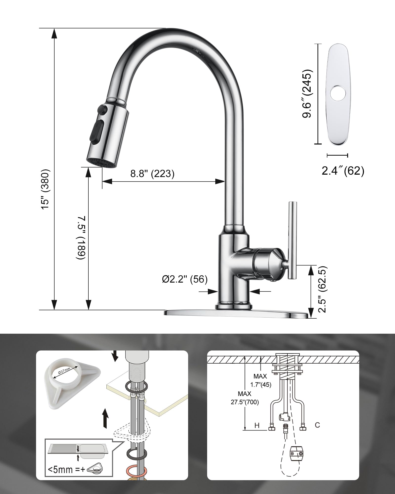WOWOW 3 Hole Widespread Bathroom Faucet Chrome Bathroom Sink Faucets 2 Handle Bath Faucet 8 inch and Kitchen Faucets with Pull Down Sprayer