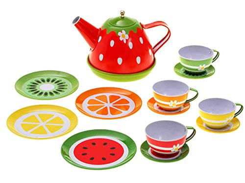 Kids Fruit Themed Tin Tea Party Toy Set - Metal Teapot and Cups for Childrens Kitchen Pretend Play (14 Pieces)