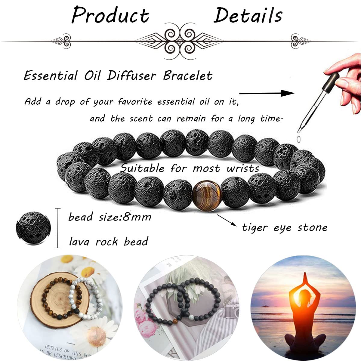 MOZAKA 2-12Pcs Mens Beaded Bracelets Couples Matching Bracelet Set Lava Rock Beads for Women Stone Jewelry, Stone, hematite