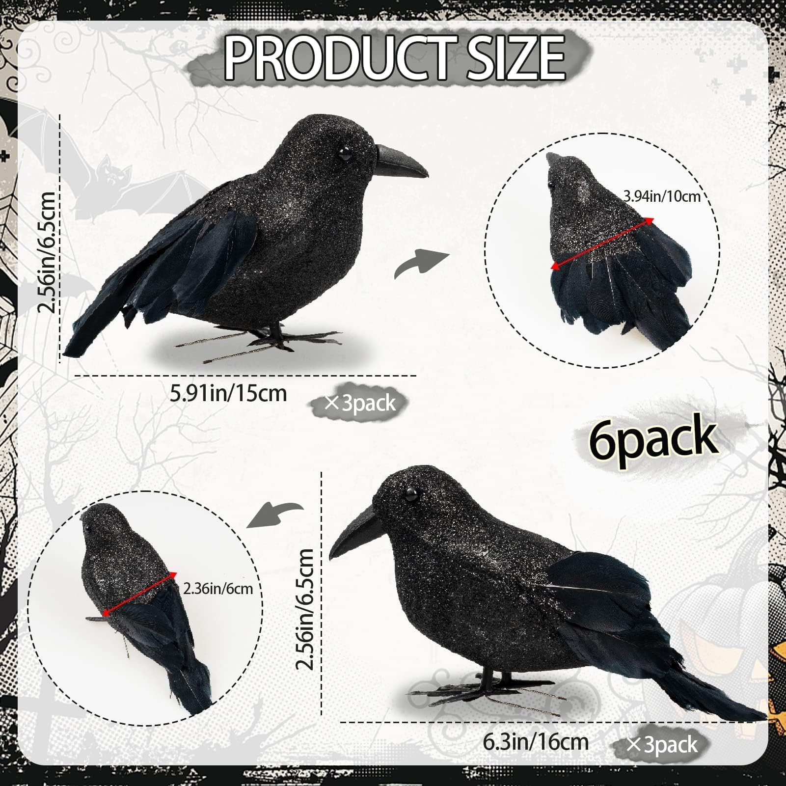 kockuu Crows Halloween Decorations - 6Pcs Halloween Crows Raven Black Birds Glitter Feathered Decor for Halloween Home Tree Garden Yard Indoor Outdoor Decorations