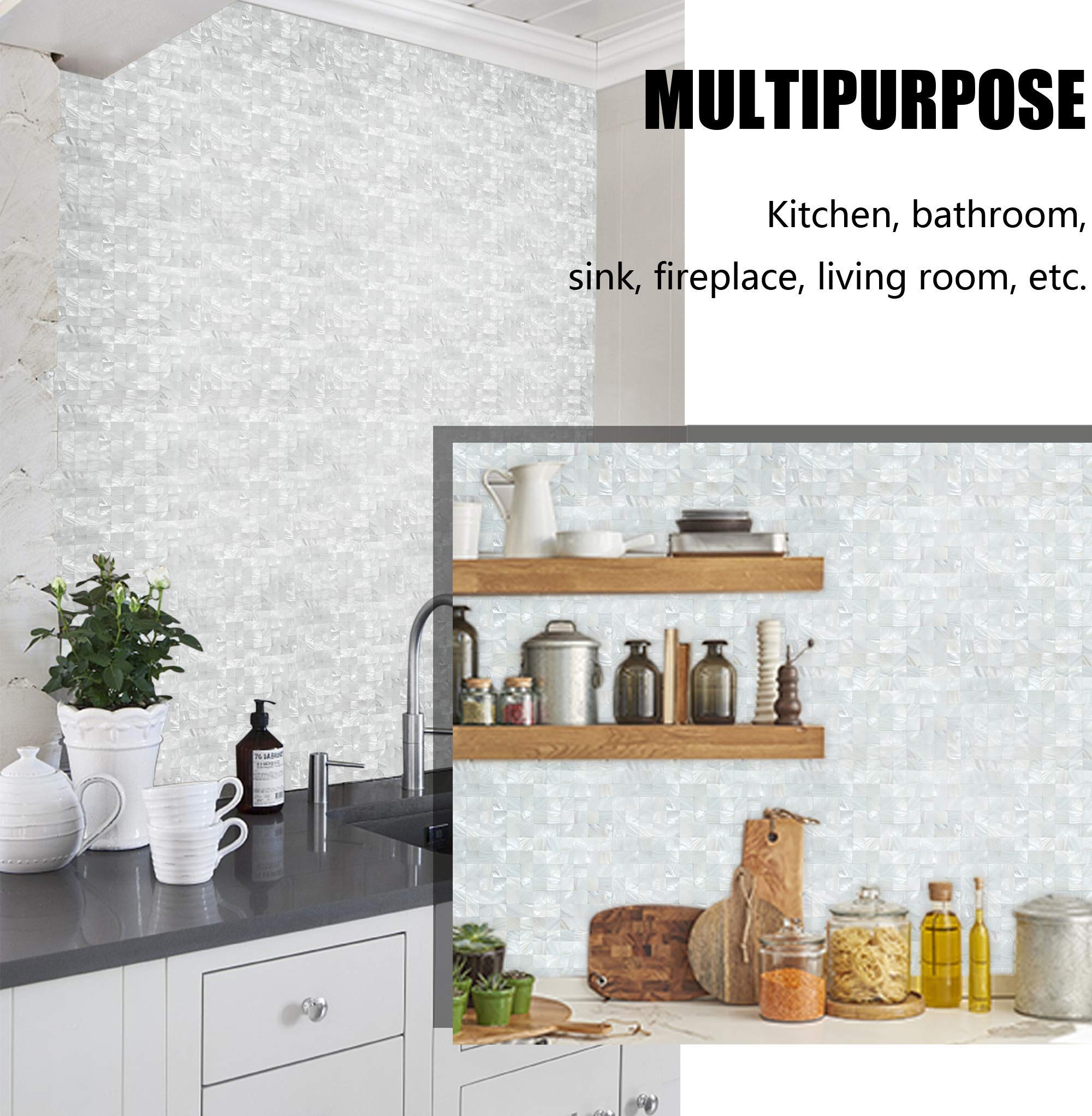 KASARO Peel and Stick Backsplash Shell Tiles, Mother of Pearl Mosaic Self Adhesive Tiles for Kitchen Wall Bathroom Bedroom Decor, White, 10-Sheet