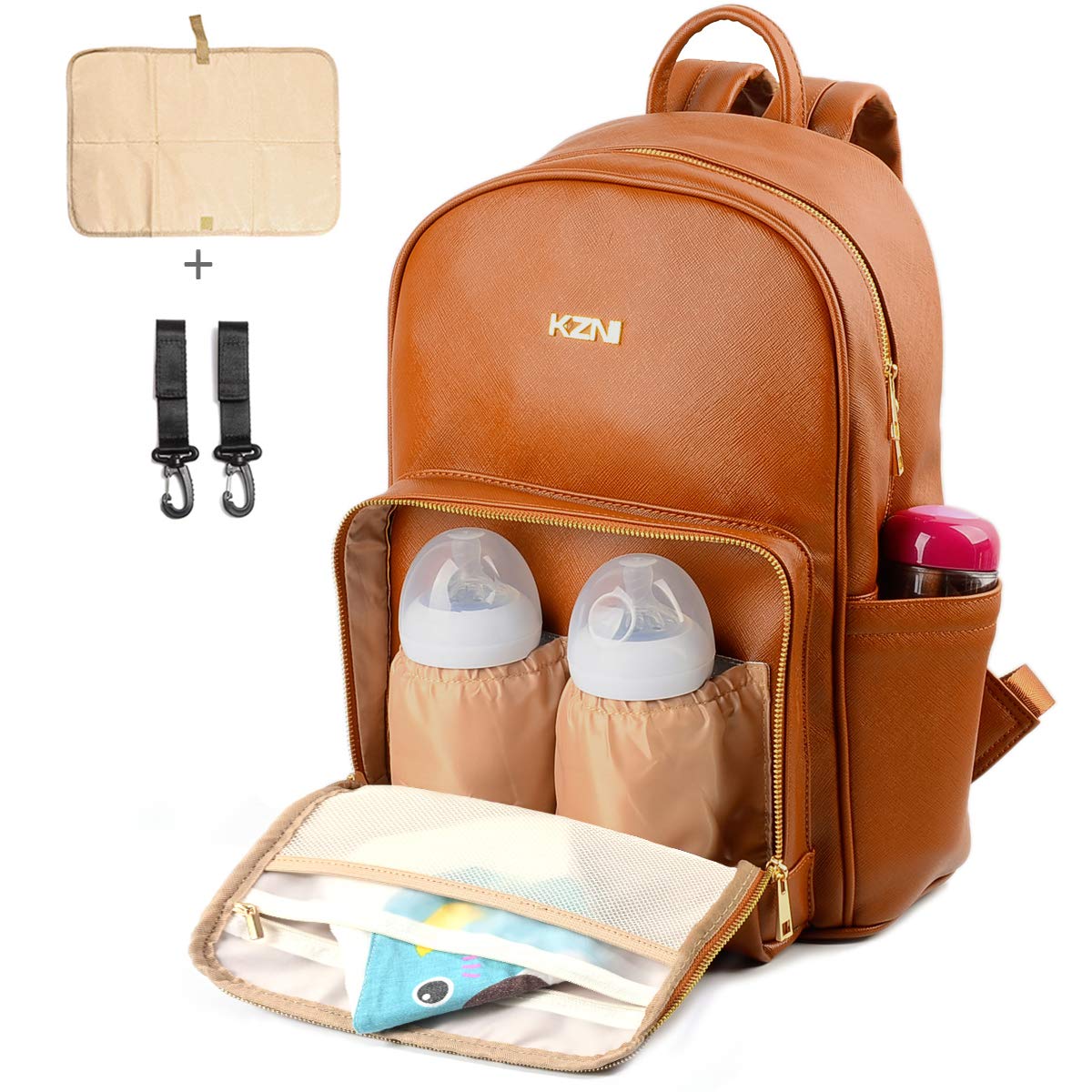 KZNI Pu Leather Diaper Bag Backpack-Nappy Bag Baby Bags for Mom,Unisex Maternity Diaper Bag with Stroller Hanger|Thermal Pockets|Adjustable Shoulder Straps|Water Proof|LargeCapacity|Brown