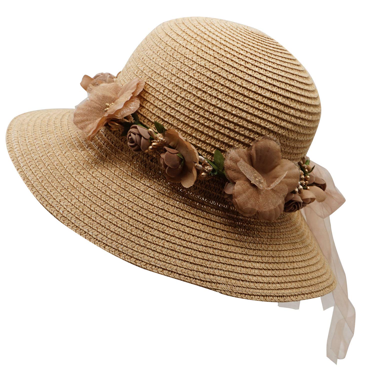 Lovful Sun Hats for Women with Flower Decor,Wide Brim Beach Hats Straw Hat,Summer Sun Protection Hat Caps, khakiBeige
