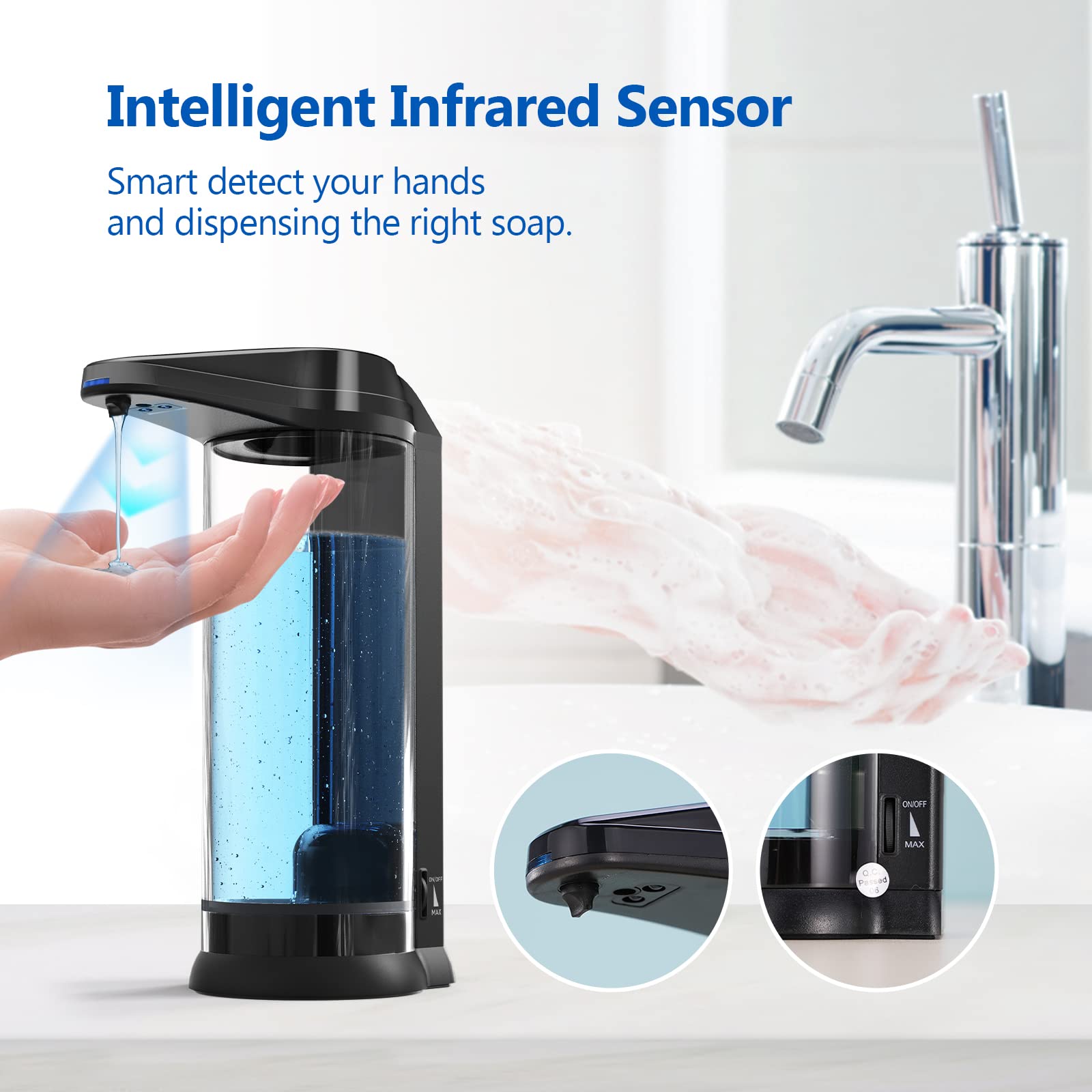 KESTERRA Automatic Soap Dispenser, 17oz/500ml Touchless Battery Operated Liquid Soap Dispenser with 7levels Adjustable Soap Volume, Perfect for Commercial or Household Use, Black
