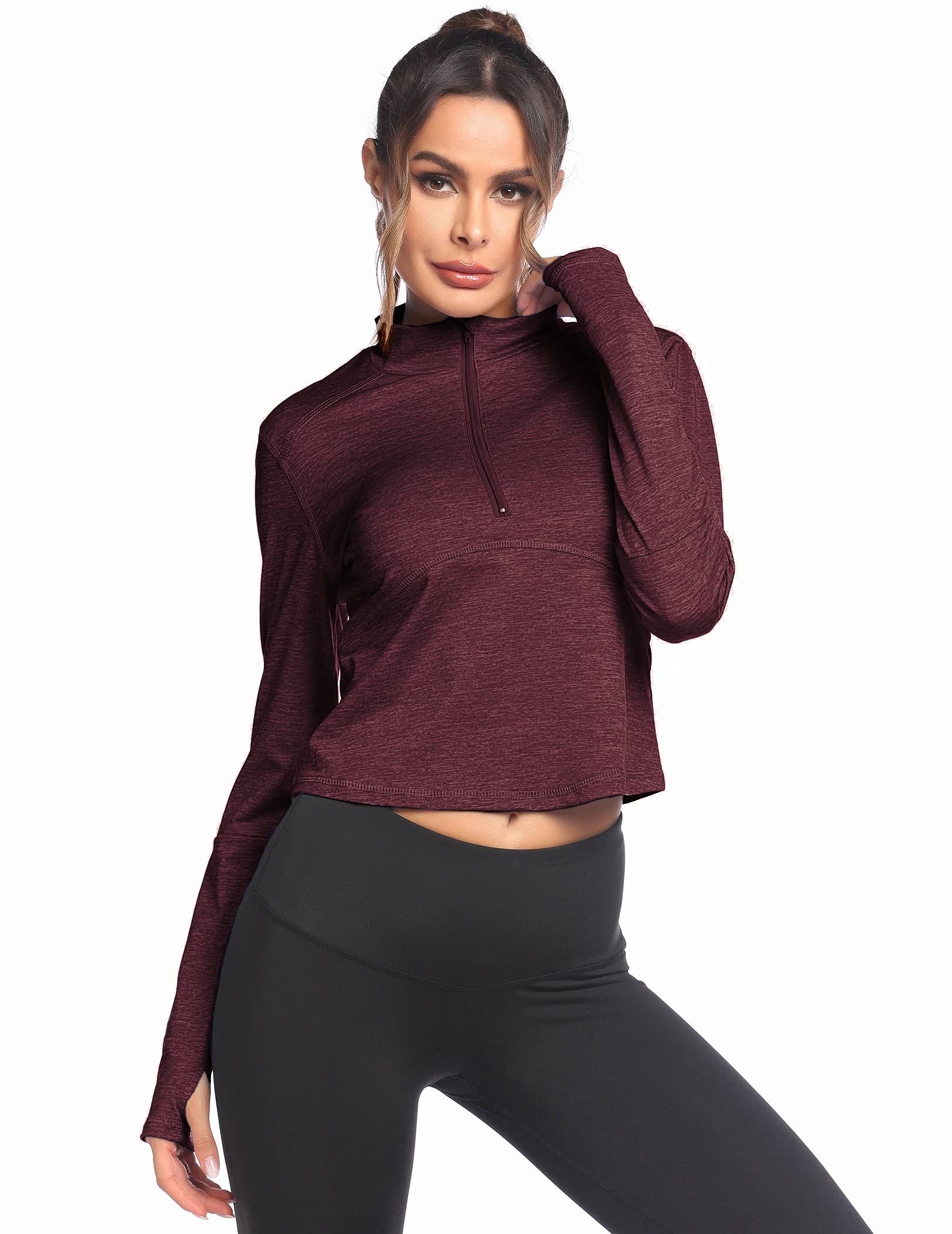 PINSPARK Womens Long Sleeve Sweatshirt Cropped Half Zip Pullover Athletic Hiking Running Workout Top with Thumbholes Wine Red XL