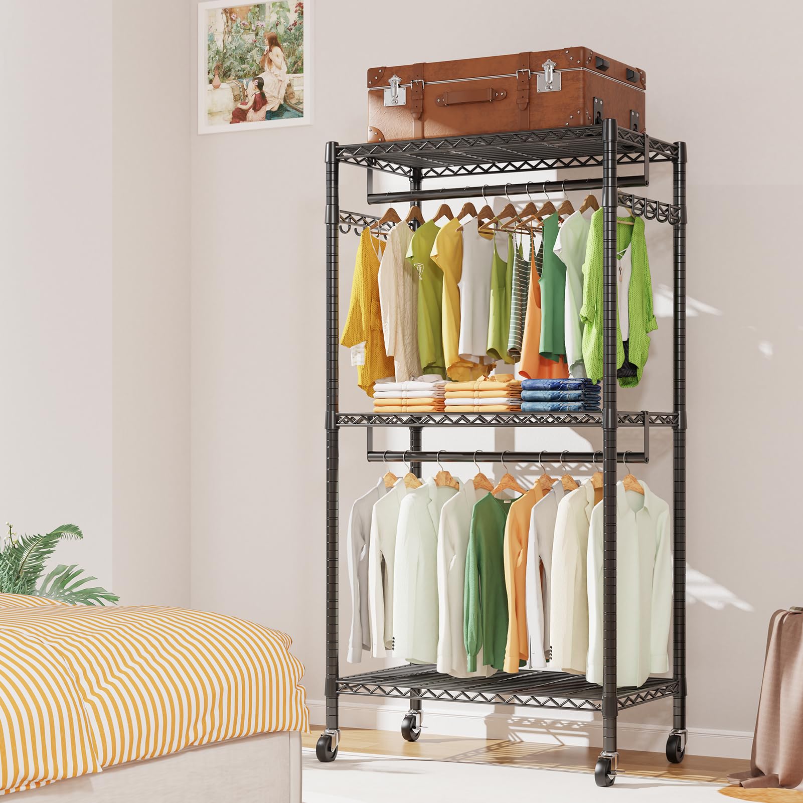 LEHOM G1M Heavy Duty Clothes Rack, 3 Tiers Rolling Garment Rack for Hanging Clothes, Adjustable Wire Clothing Rack with Storage Shelves, Lockable Wheels Freestanding Closet Wardrobe for Bedroom