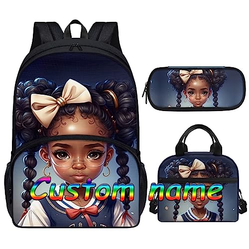 Yuyamidu African American Girls Backpack and Lunchbox Pencil Case Set 3 in 1 School Bag Preschool Kindergarten Toddler Backpack Lunch Box Set for Teens Kids Book Bags