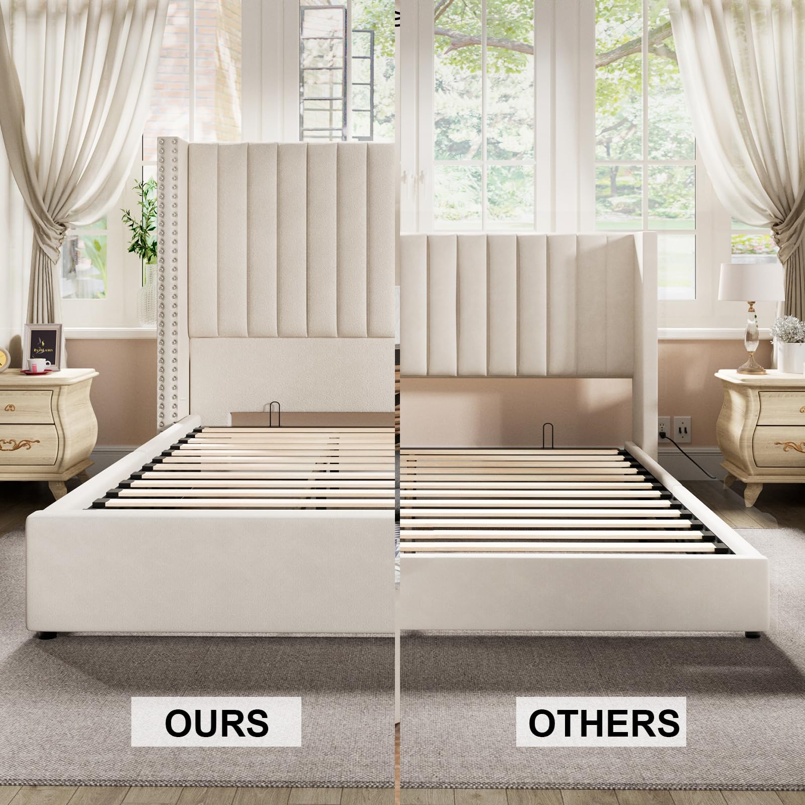 Jocisland Lift up Storage Bed Frame King Size, Upholstered Platform Bed Velvet with Channel Tufted Wingback Headboard, No Box Spring Needed, Cream