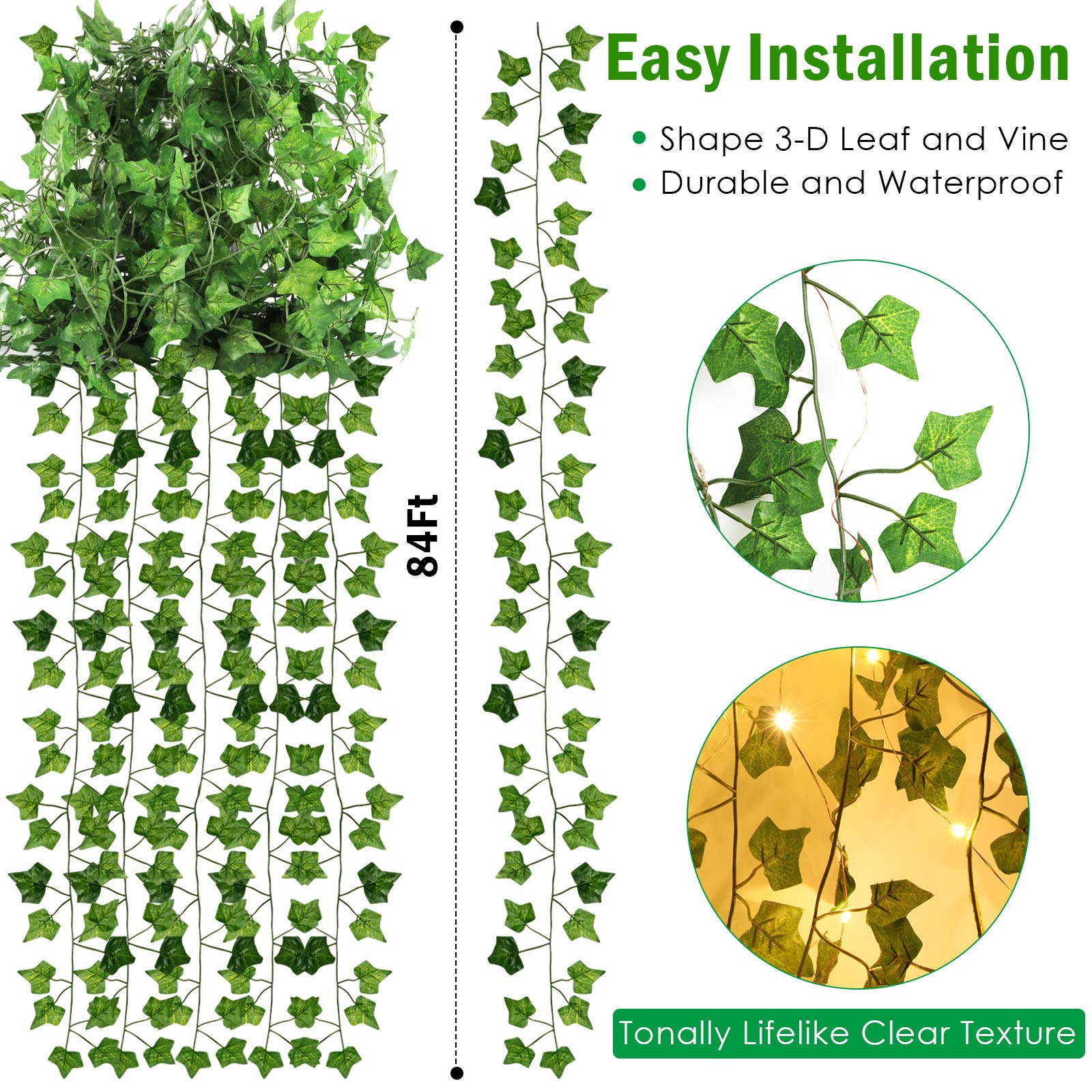 KETADO 12 Pack 84Ft Artificial Ivy Garland Leaf Vines with 65 Ft 200 LED String light, Garland Fake Foliage Flowers Plants Hanging for Party Garden Office Wedding Wall Decor and Home Kitchen, Green