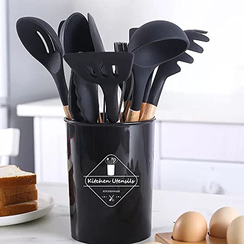 Karangred 12Pcs Silicone Cooking Kitchen Utensils Set with Holder,Wooden Handles Cooking Tool,BPA Free,Non Toxic Turner Tongs Spatula Spoon Kitchen Gadgets Set for Nonstick Cookware (Black)