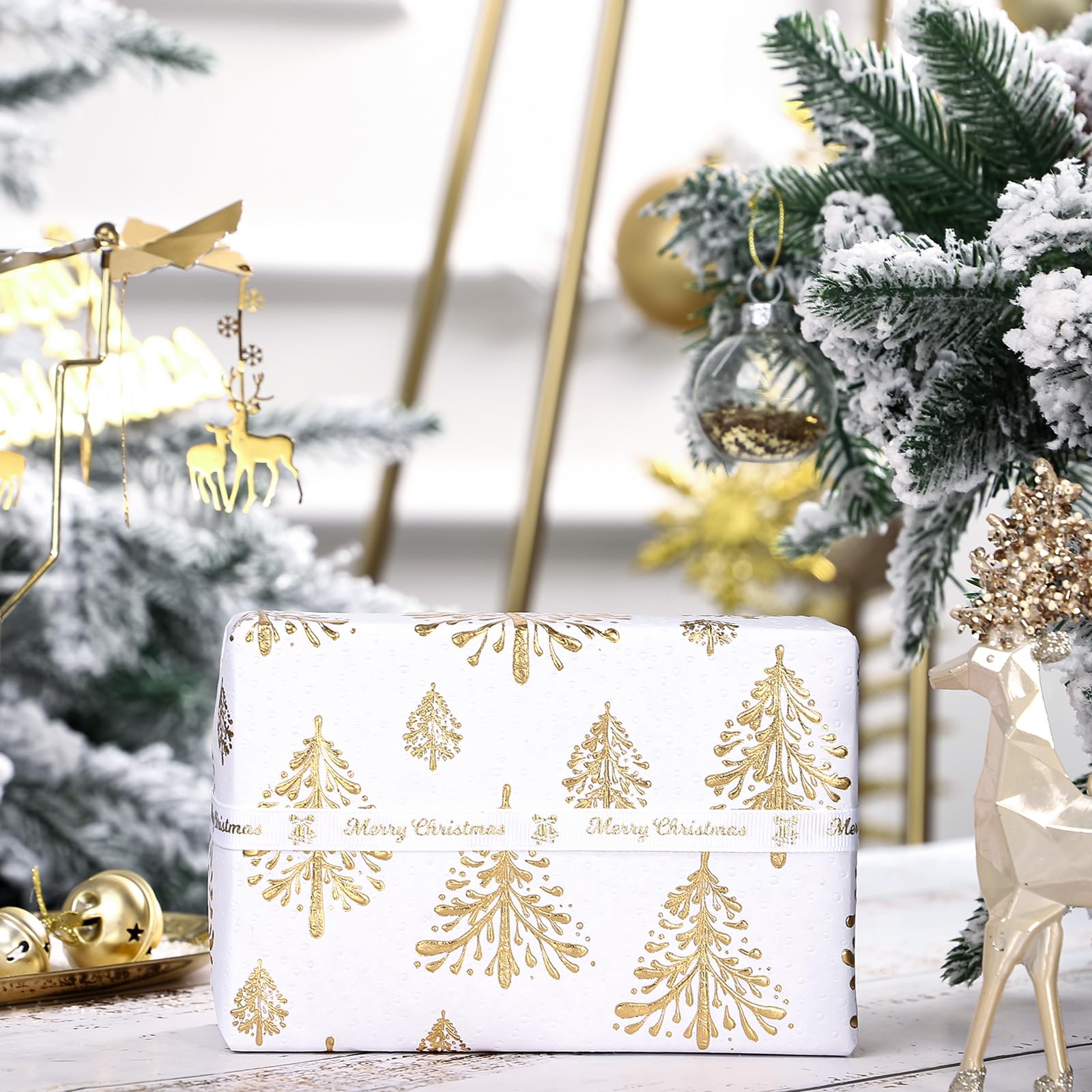 WRAPAHOLIC 3D Kraft Christmas Wrapping Paper Roll - Mini Roll - 17 Inch x 16.5 Feet - Gold and White Christmas Tree Design with Embossed Perfect for Holiday, Party Celebration