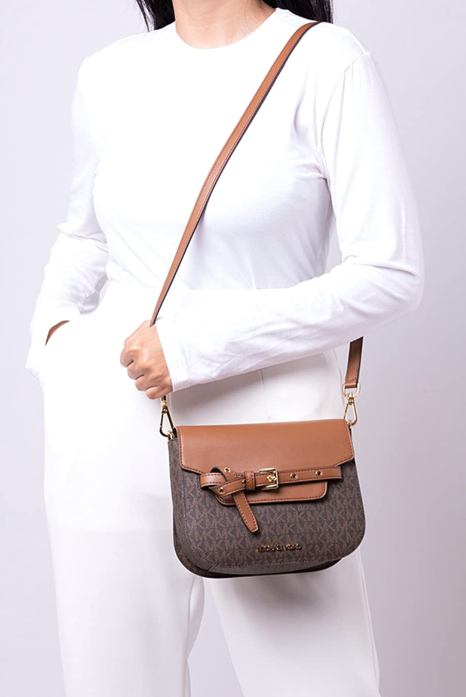 Michael Kors Emilia Small Saddle Flap Crossbody Brown MK Signature