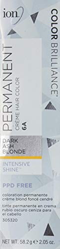 ion Permanent Creme Hair Color 6A Dark Ash Blonde, Vegan, Cruelty Free, PPD Free, 100% Gray Coverage, Long-Lasting, Fade-Resistant Color, 2.05 oz