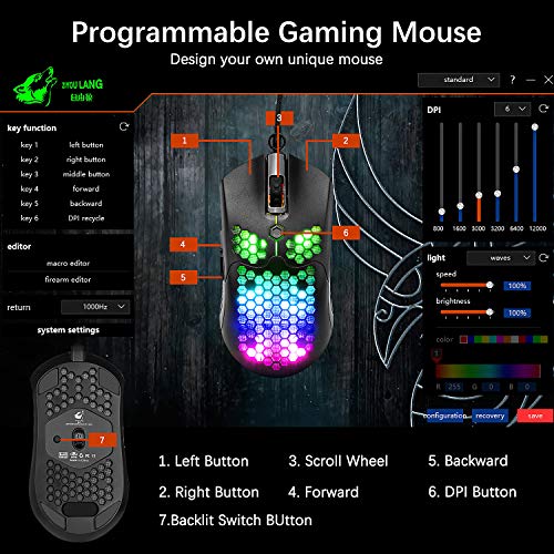 Lightweight Wired Gaming Mouse, 26 RGB Backlit Mice & 7 Buttons Programmable Driver ,PAW3325 12000DPI ,Ultralight Honeycomb Shell Ultraweave Cable Mouse Compatible with PC Gamers and Xbox and PS4