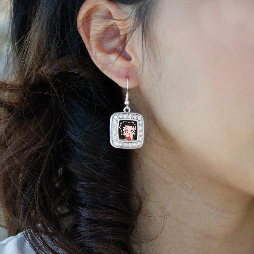 Inspired Silver - Betty Boop Charm Earrings for Women - Silver Square Charm French Hook Drop Earrings with Cubic Zirconia Jewelry