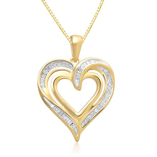 Jewelili Womens Heart Yellow Gold Over Sterling Silver Necklace with Natural White Round and Baguette Diamonds 1/4 Cttw 18" Box Chain