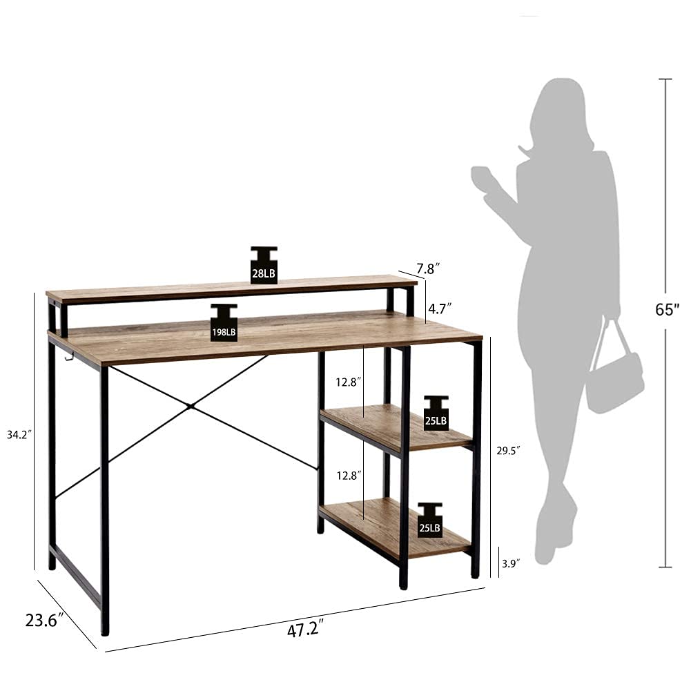 LINSY HOME 47 Inch Computer Desk, Writing Laptop Table for Work Study Gaming with Storage Shelf, LS209V1&2 (Wood, with Monitor Stand)