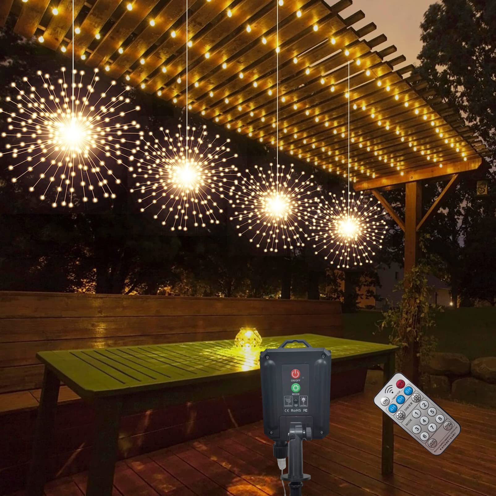 PXBNIUYA 4 Pack 800 Led Solar Starburst Sphere Lights,Firework Lights Remote Control Timer 8 Modes Dimmable Waterproof Hanging Fairy Light, Sparkly Lights for Patio Party Tent Christmas (Warm White)