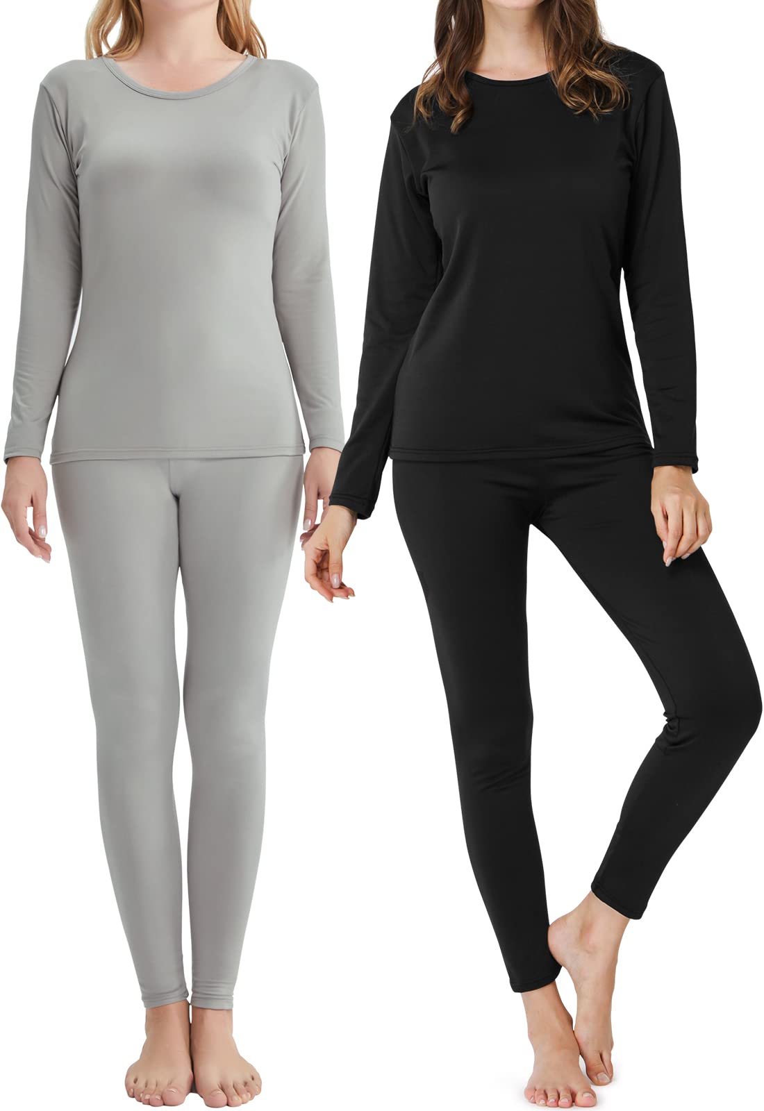 MRIGNT 2 Pack Thermal Underwear for Women Thermal Underwear Set, Ultra Soft Long Johns for Women with Fleece Lined Top Bottom Black, Grey