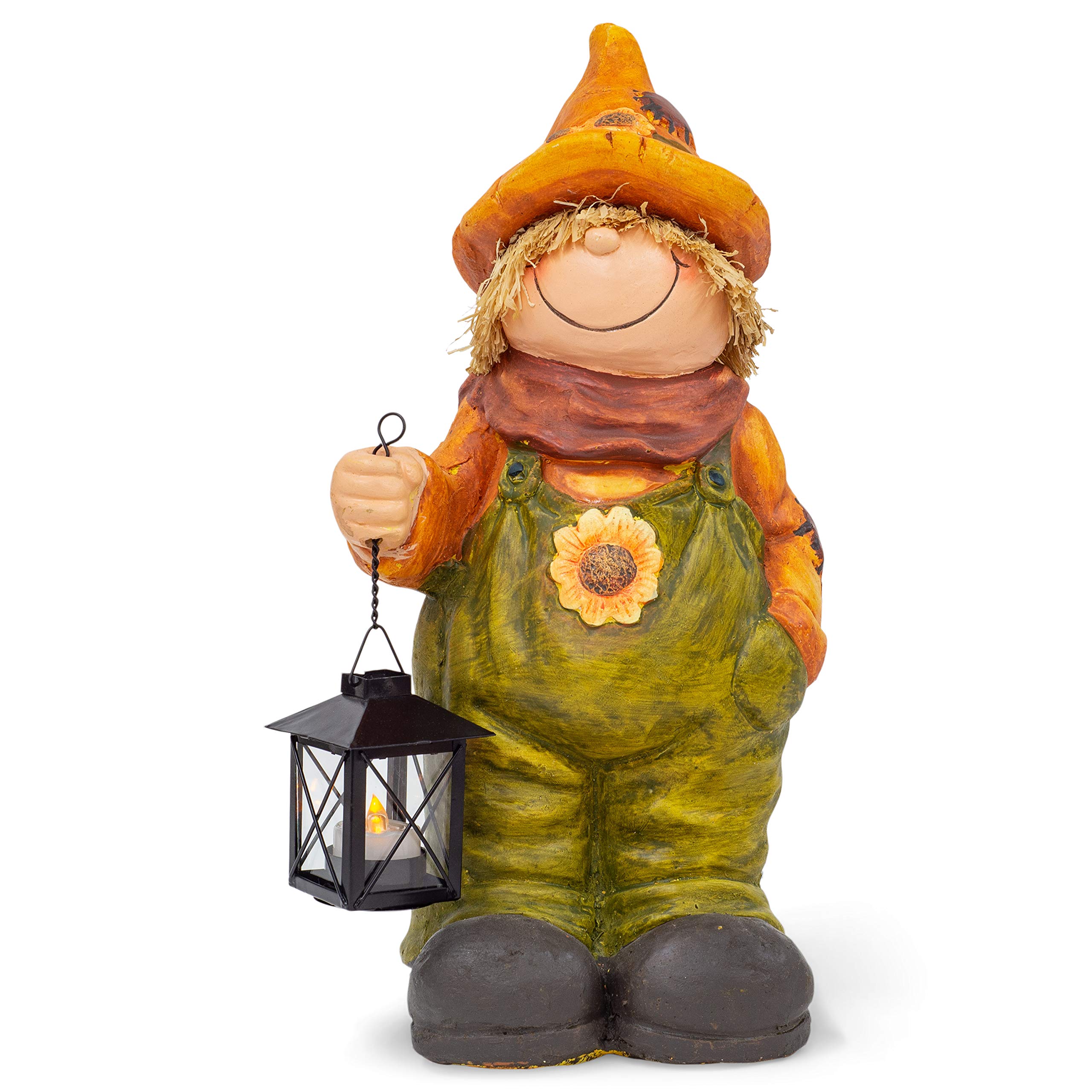 Mark Feldstein & Associates Scarecrow Holding Lantern Natural Brown 17 inch Resin Stone Harvest Door Greeter Figurine