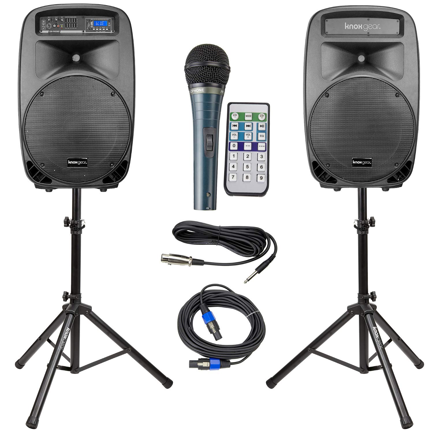 Knox Dual 15" Speakers, 600 Watt - 8 Piece Portable PA System - Microphone, Tripods, Remote Control - Bluetooth, USB, SD Card, RCA and 1/4" Inputs - Colorful LED Lights
