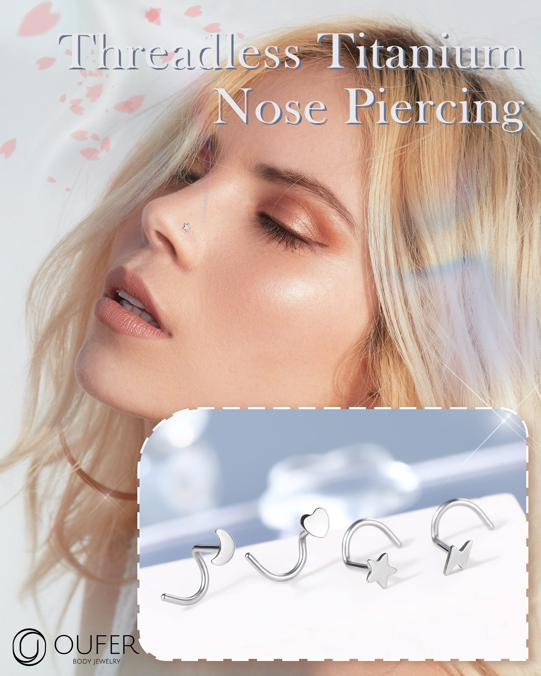 OUFER 20G Nose Studs, G23 Solid Titanium Nose Screw Studs, Star Designed Push-In Nose Rings, Nostril Piercing Jewelry for Women And Men-Star