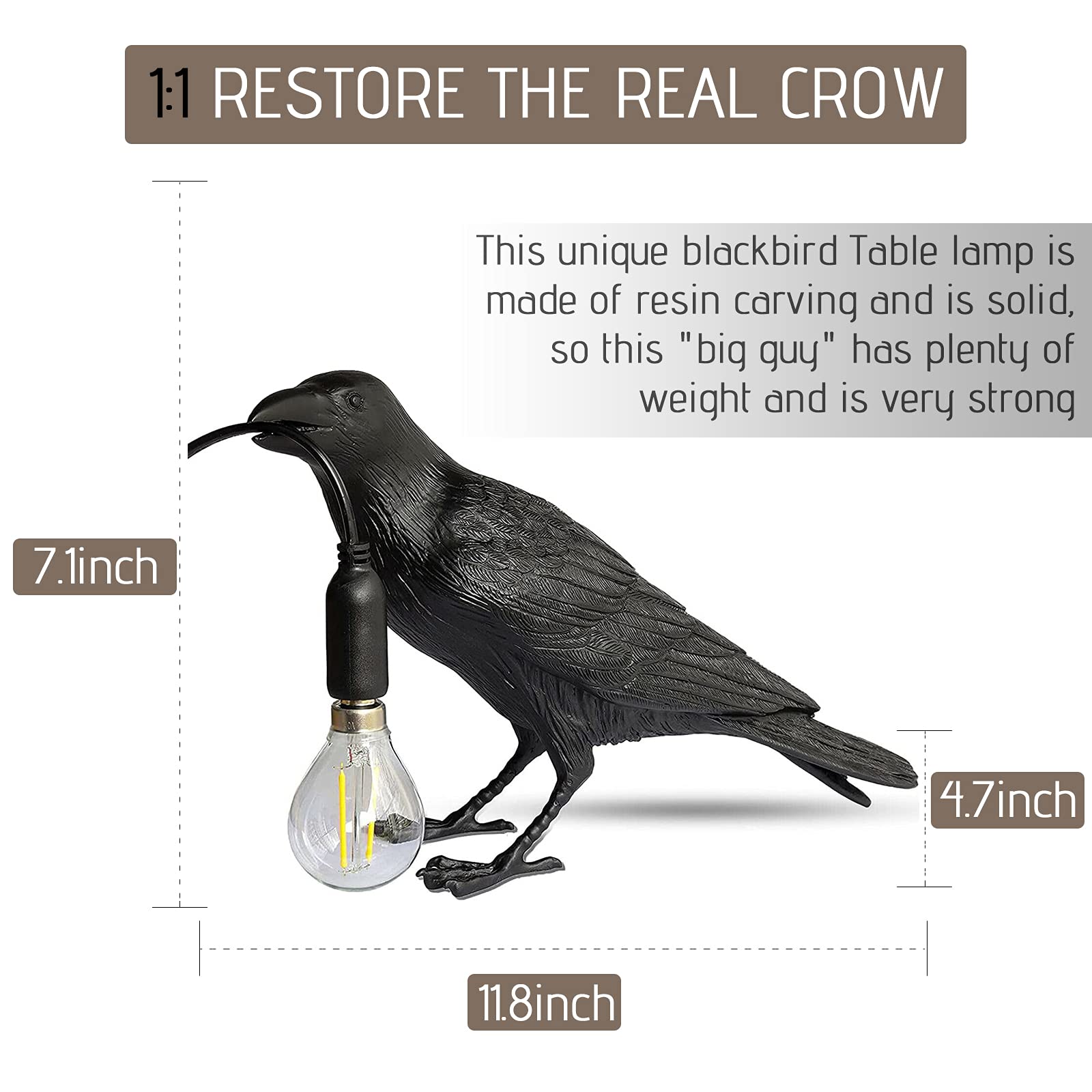 KJYZDYZQ Raven Table Lamp - Crow Desk Lamp - Lifelike Resin Raven Light, Birds Table Light for Bedside Bedroom Living Room Decor