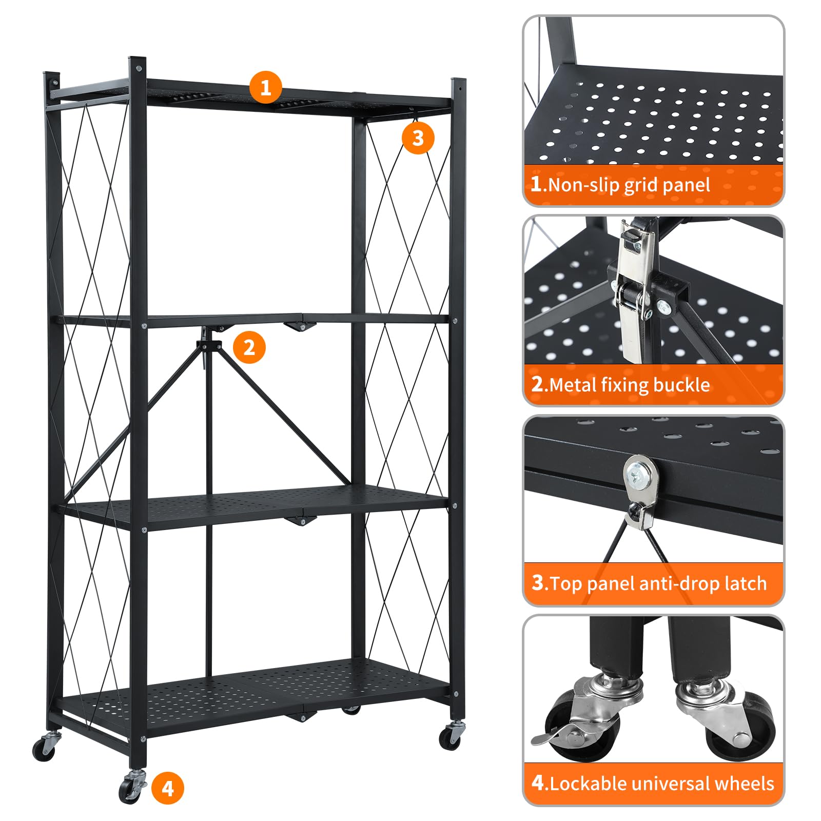 JOYBOS 4-Shelf Foldable Storage Shelves with Wheels, Heavy Duty Metal Shelving, No Assembly Organizer Wire Shelf Rack for Garage Kitchen, Basement, Pantry, Holds up to 1000 poundsā¦